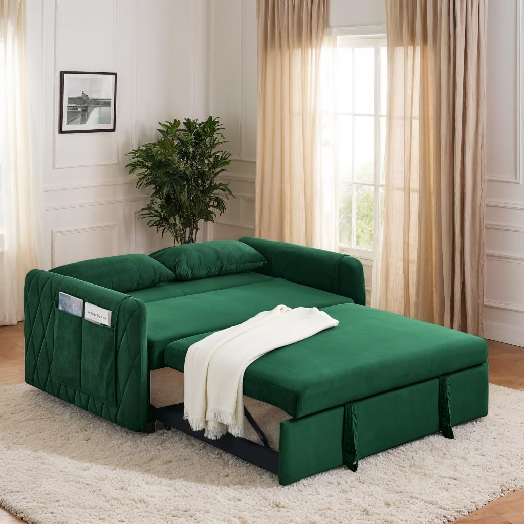 Mofolit Convertible Loveseat Modern Sleeper Sofa Bed, 3-in-1 Adjustable Sleeper Sofa Couch w/Pull-Out Bed, Pillows & Side Pocket & Velvet for Living Room,Apartment,Small Space 55.5β (Green)