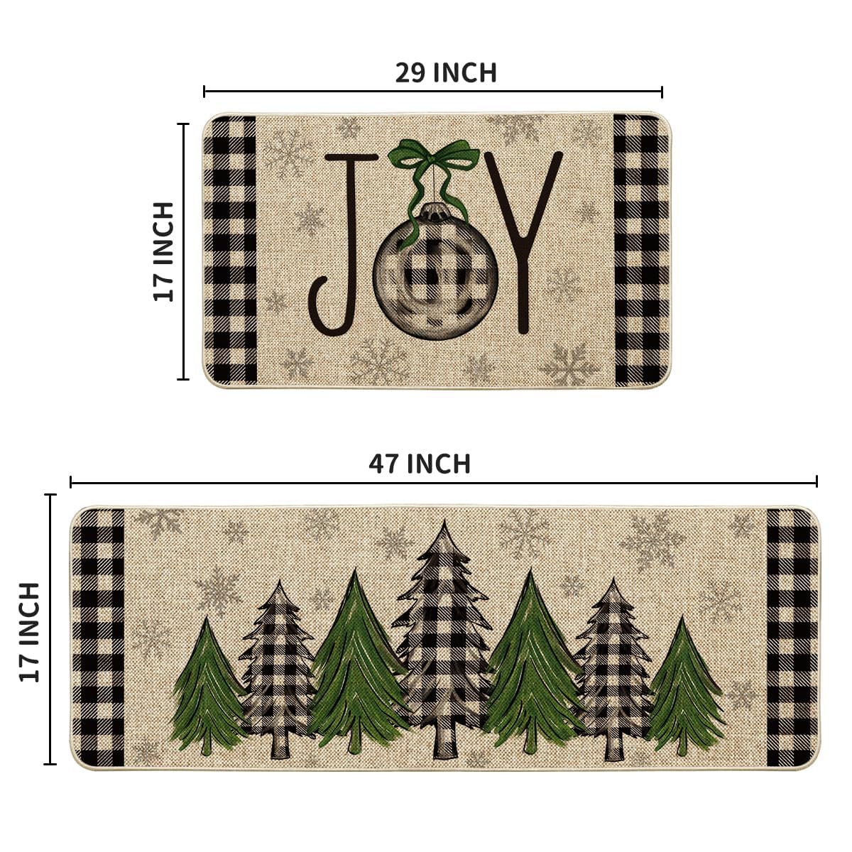 Artoid Mode Buffalo Plaid Xmas Trees Joy Christmas Kitchen Mats Set of 2, Winter Home Decor Low-Profile Kitchen Rugs for Floor - 17x29 and 17x47 Inch