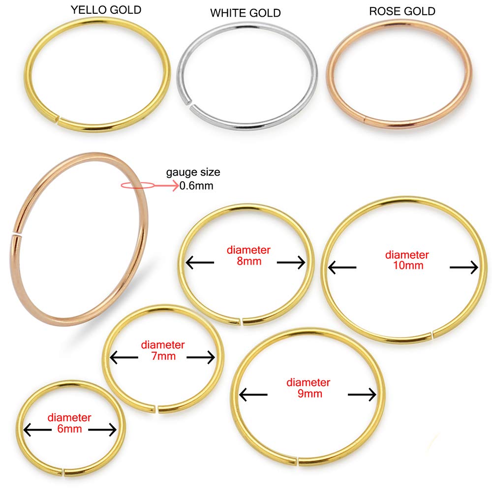 AtoZ Piercing 9KT Solid White Gold 22 Gauge (0.6MM) - 5/16 (8MM) Length Seamless Continuous Hoop Nose Ring