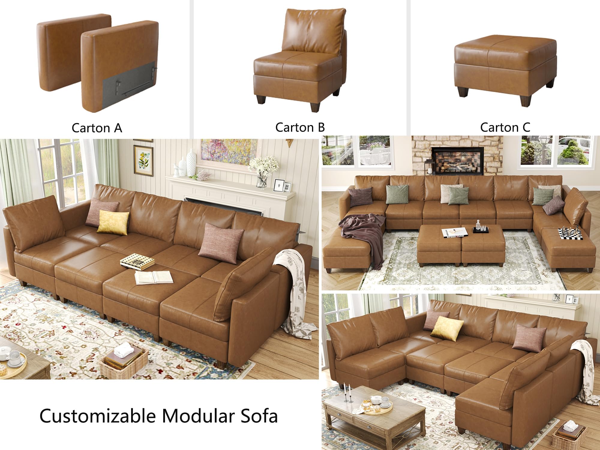 EASE MOOSE Large U Shaped Modular Sectional Sofa with Storage, Faux Leather sectional Sofa 14 Seat Oversized Brown Modular Sectional Couch
