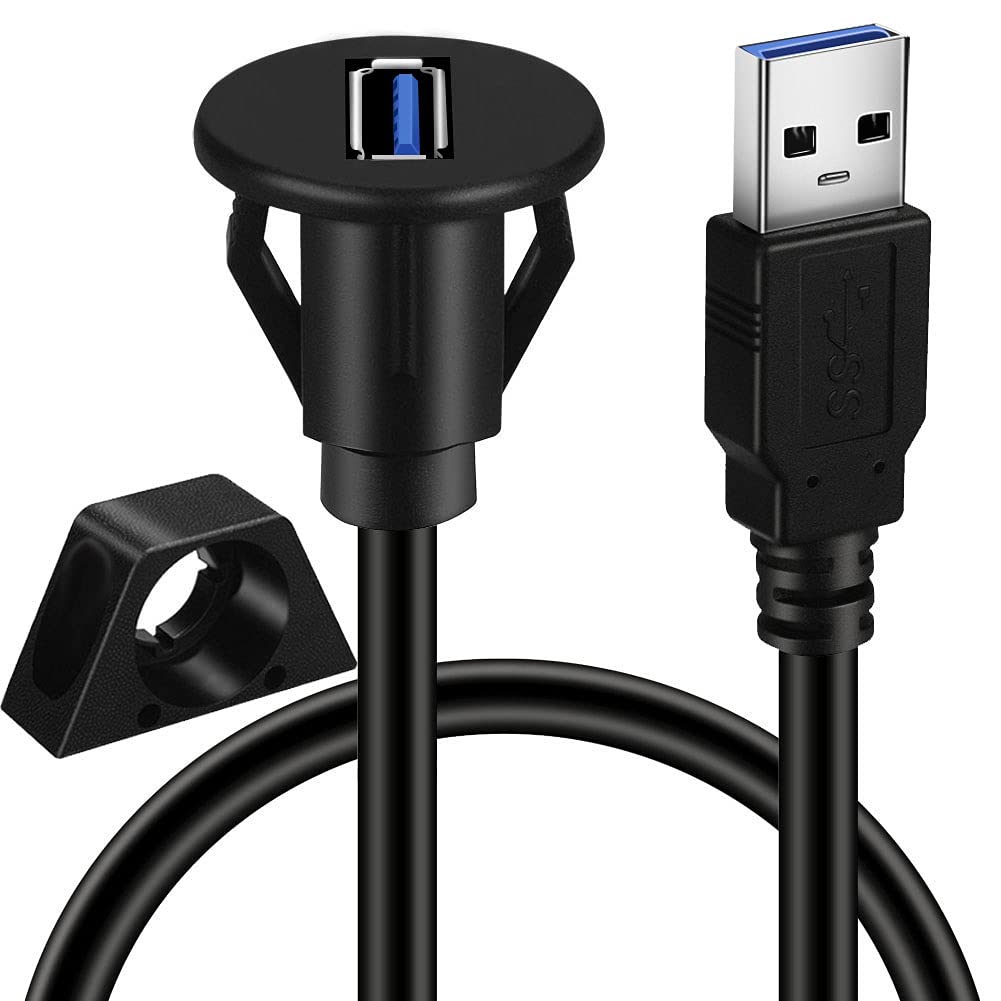 BATIGE 2 Pack Small USB 3.0 Male to Female AUX Flush Panel Mount Extension Cable for Car Truck Boat Motorcycle Dashboard 3ft