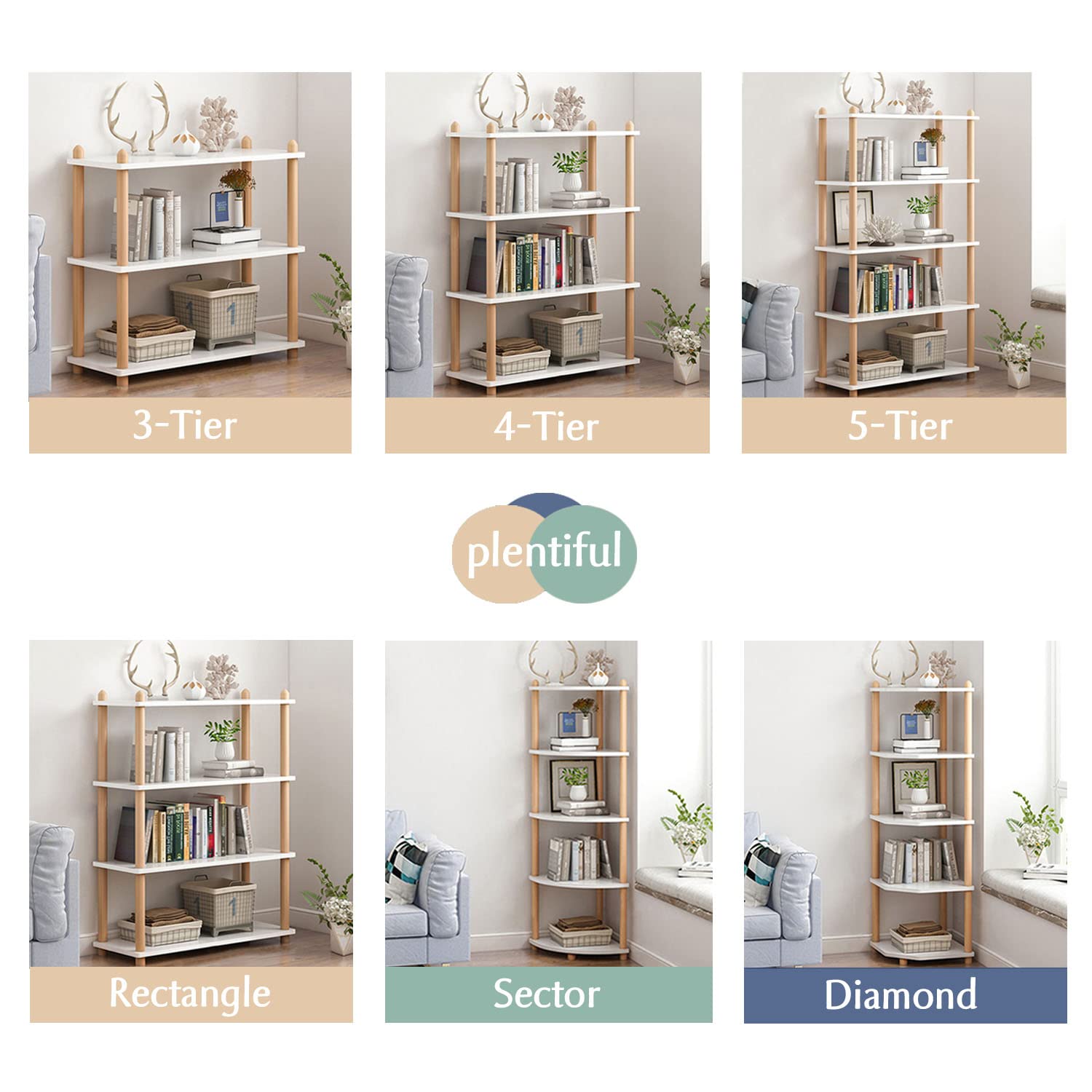 IOTXY 5-Tier Wooden Shelf Bookcase - Modern Open Bookshelf, Free Standing Storage Rack, Multifunctional Display Stand for Home and Office, White, Rectangle