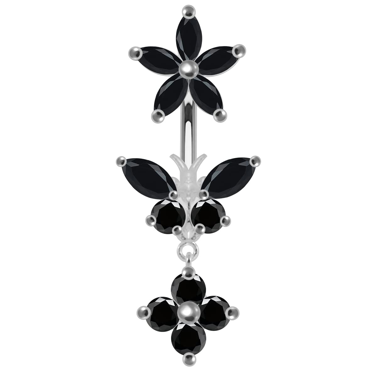 AtoZ Piercing Black CZ Stone Butterfly with Flower Dangling 925 Sterling Silver Double Side Belly Button Ring Jewelry