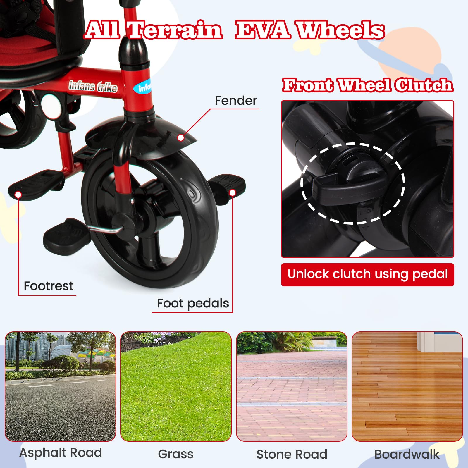 INFANS Kids Tricycle, 6 in 1 Stroll Trike with Adjustable Push Handle, Removable Canopy, Retractable Foot Plate, Lockable Pedal, Detachable Guardrail, Suitable for 10 Months to 5 Years (Red)