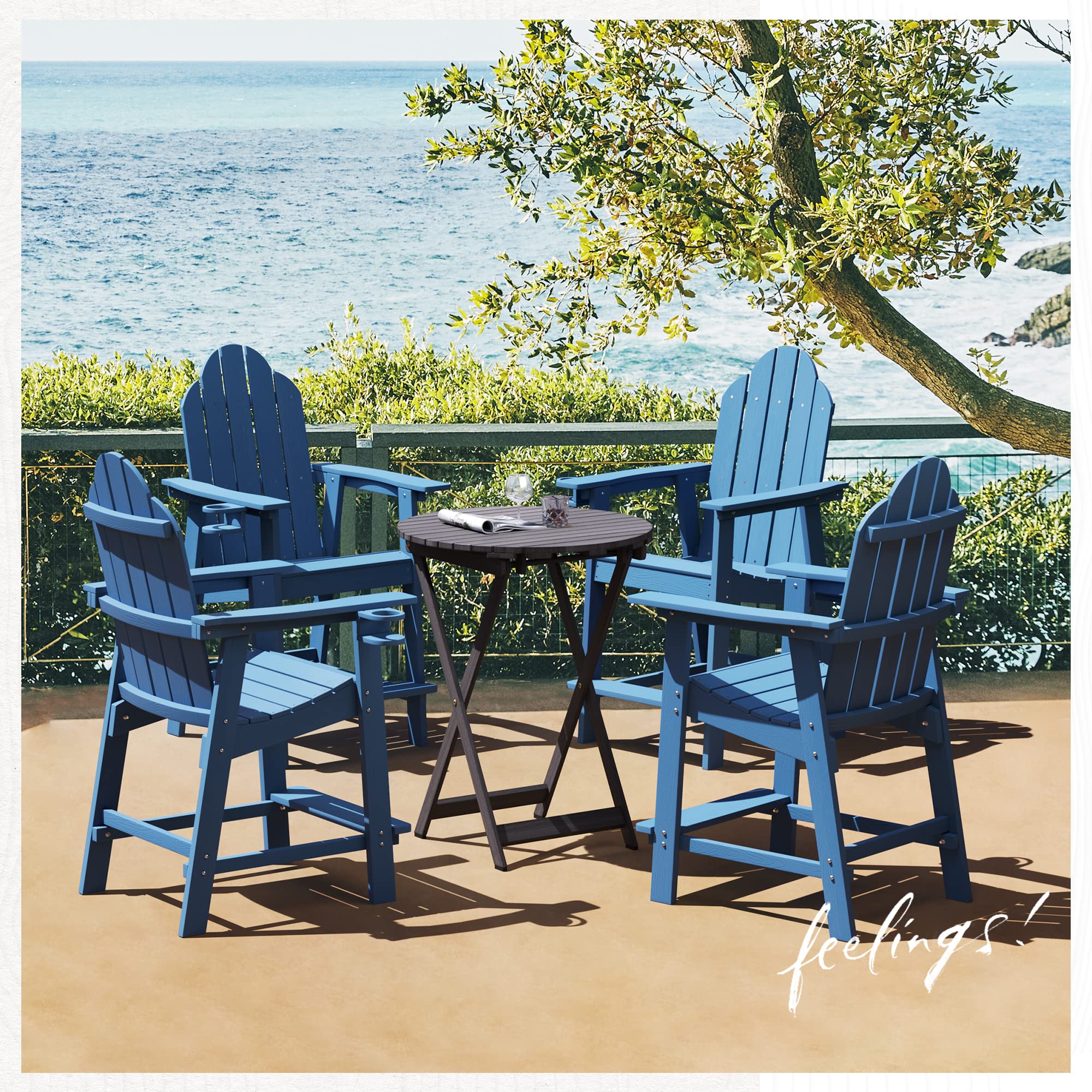 LUE BONA Tall Adirondack Chairs Set of 2 with Removable Table,Poly Adirondack Chair Bar Stools with Cup Holder, 25.6", 300Lbs, Weather Resistant Lifeguard Chair for Balcony,Deck
