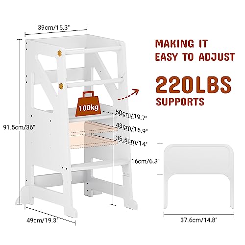 Rendpas Toddler Step Stool With Meal Tray, Wooden Kids Learning Tower For Kitchen Helper and Convertible High Chair, Adjustable Bathroom Step Stool With Safety Rail (White)