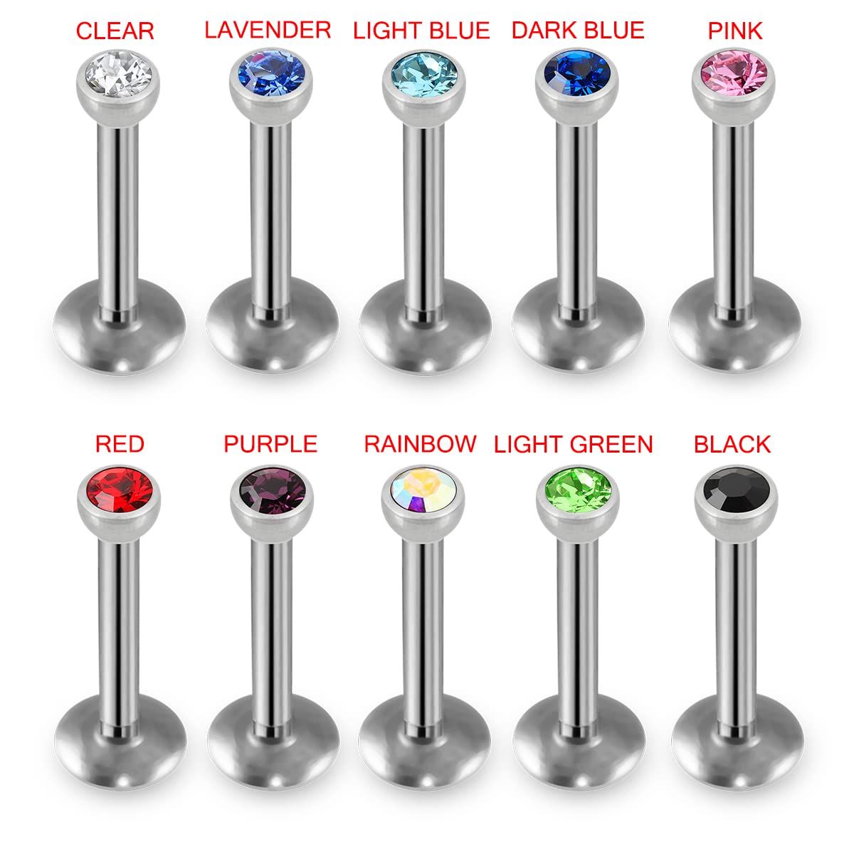 AtoZ Piercing Rainbow Crystal Stone Push-Fit Ball with 16 Gauge - 6MM(1/4") Length Surgical Steel Labret Tragus Bars