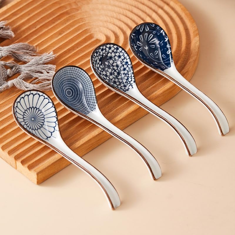 JOBNTZ Asian Soup Spoon,Ceramic Ramen Spoon,6.4inch Japanese Pho Spoon with Long Handle for Miso,Dumpling,Noodles,Wonton (Blue and White Porcelain, Set of 4)