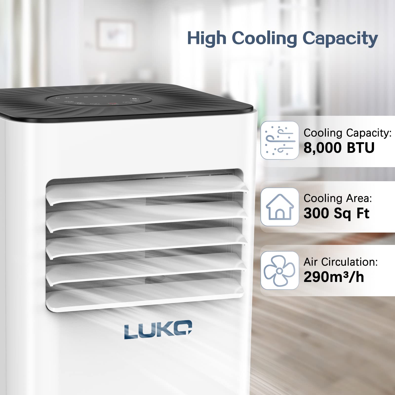 LUKO Portable Air Conditioner 8000 BTU, Cooling, Fan, Dehumidifier 3-in-1 AC Unit for Rooms up to 300 Sq. Ft, Includes Child Lock, Remote Control and Window Kits