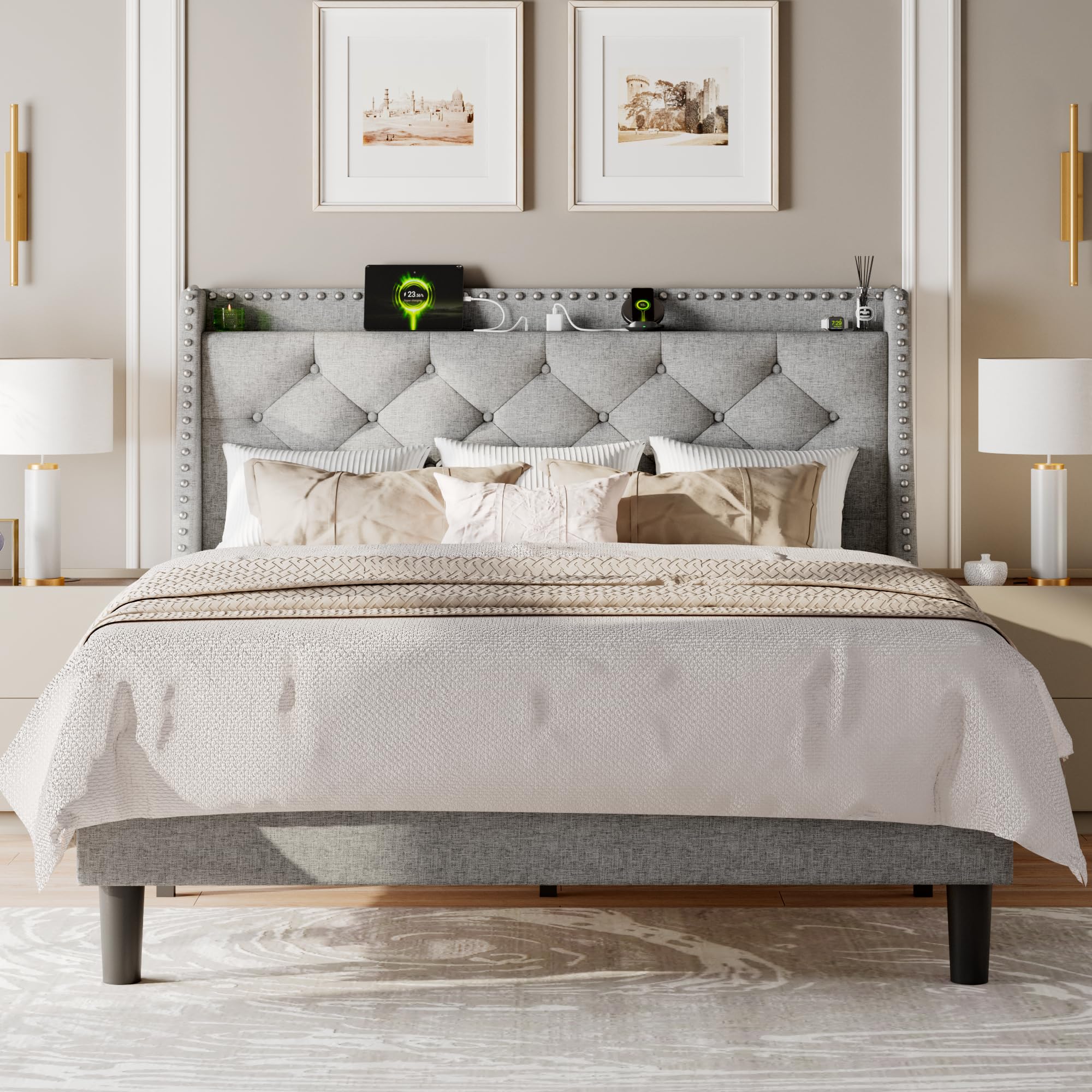 Feonase Queen Bed Frame with Luxury Wingback Upholstered Button Tufted Storage Headboard, Queen Platform Bed with Charging Station, Sturdy Wooden Slats Support, Noise-Free, Easy Assembly, Light Gray