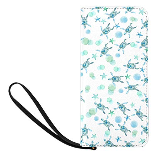 InterestPrint Women's Watercolor Sea Turtles Starfish Sea Life Clutch Wallet Wrist Strap Long Purse