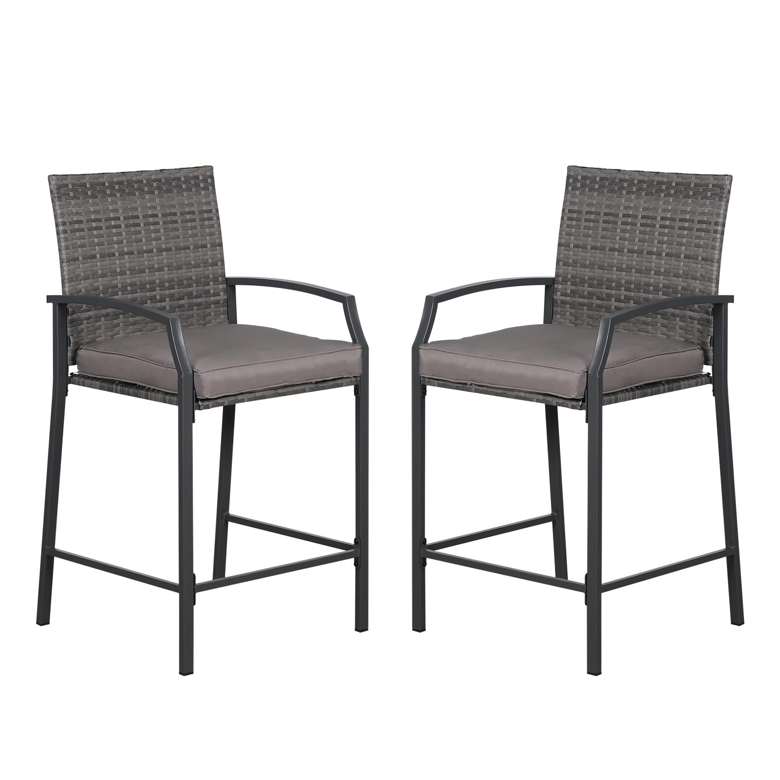 JOIVI Outdoor Wicker Bar Stools Set of 4, Patio Rattan Counter Height Chairs with Cushions, Armrest and Footrest for Indoor, Garden, Poolside, Lawn, Backyard