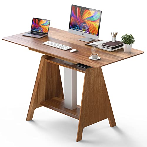 HOUSEELF Adjustable Standing Desk, 100% Solid Wood Adjustable Height Desk w/ 29"-48" Height Controller, Unique Look, Sturdy Legs, Silent & Smooth Lift, Sit Stand Up Desk for Home Office Study, Walnut