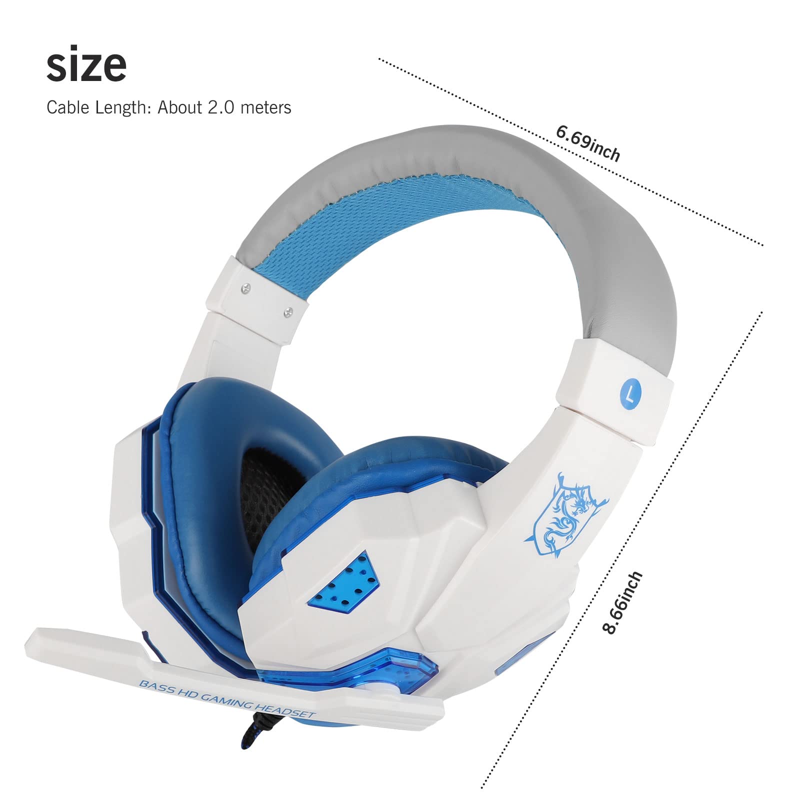 Atrasee Stereo Gaming Headset with Mic for PS4 PC PS5 Xbox One Nintendo Switch, Noise Cancelling Headphones Over Ear with Surround Bass, Soft Earmuffs, LED Light, 3.5mm Aux for Mac Laptop, White