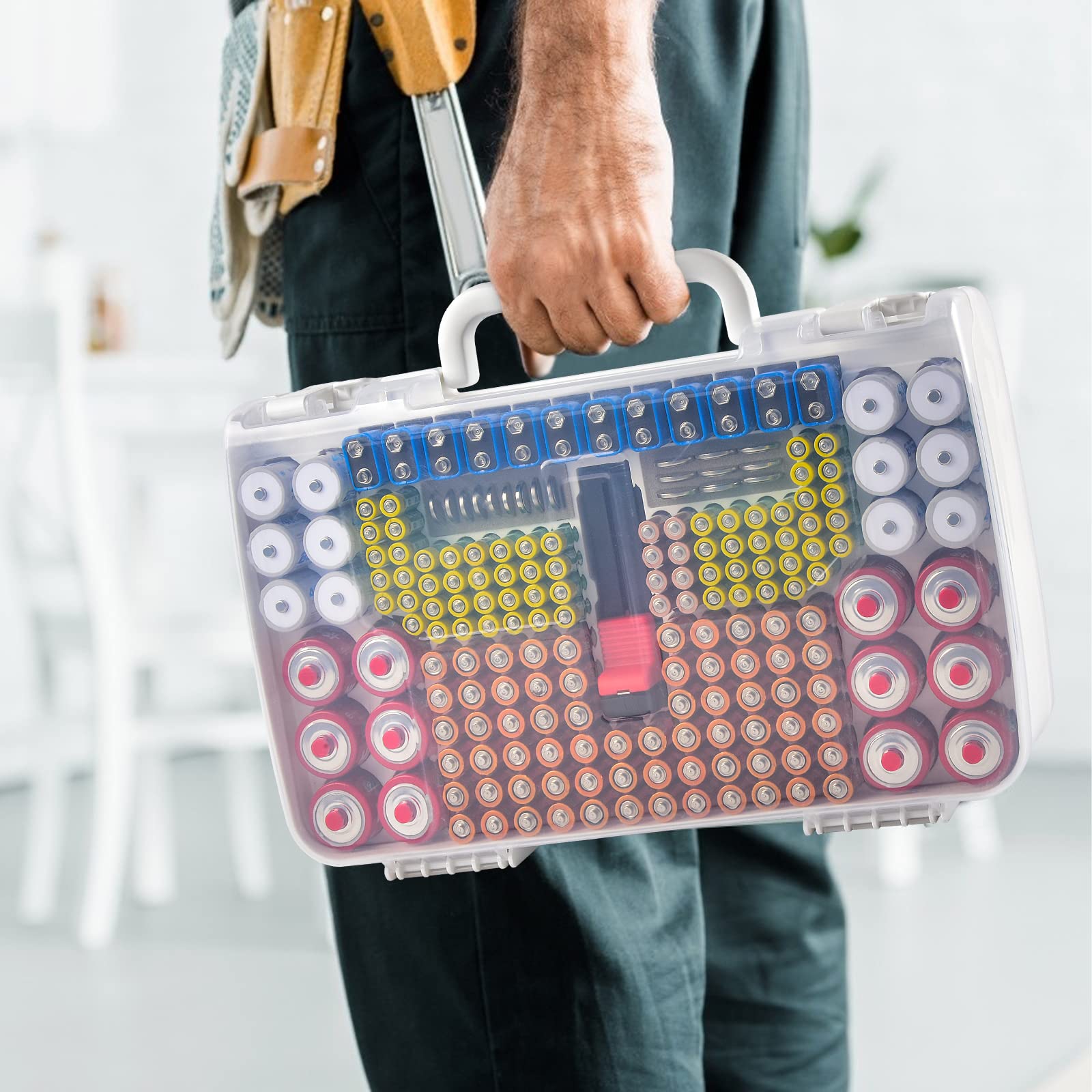Battery Organizer Storage Holder Case with Double-Sided, Garage Box with Tester Checker. Batteries Container for 269pcs AA AAA AAAA 3A 4A 9V C D Lithium 4LR44 CR2 CR123A CR1632 CR2032 18650 - White