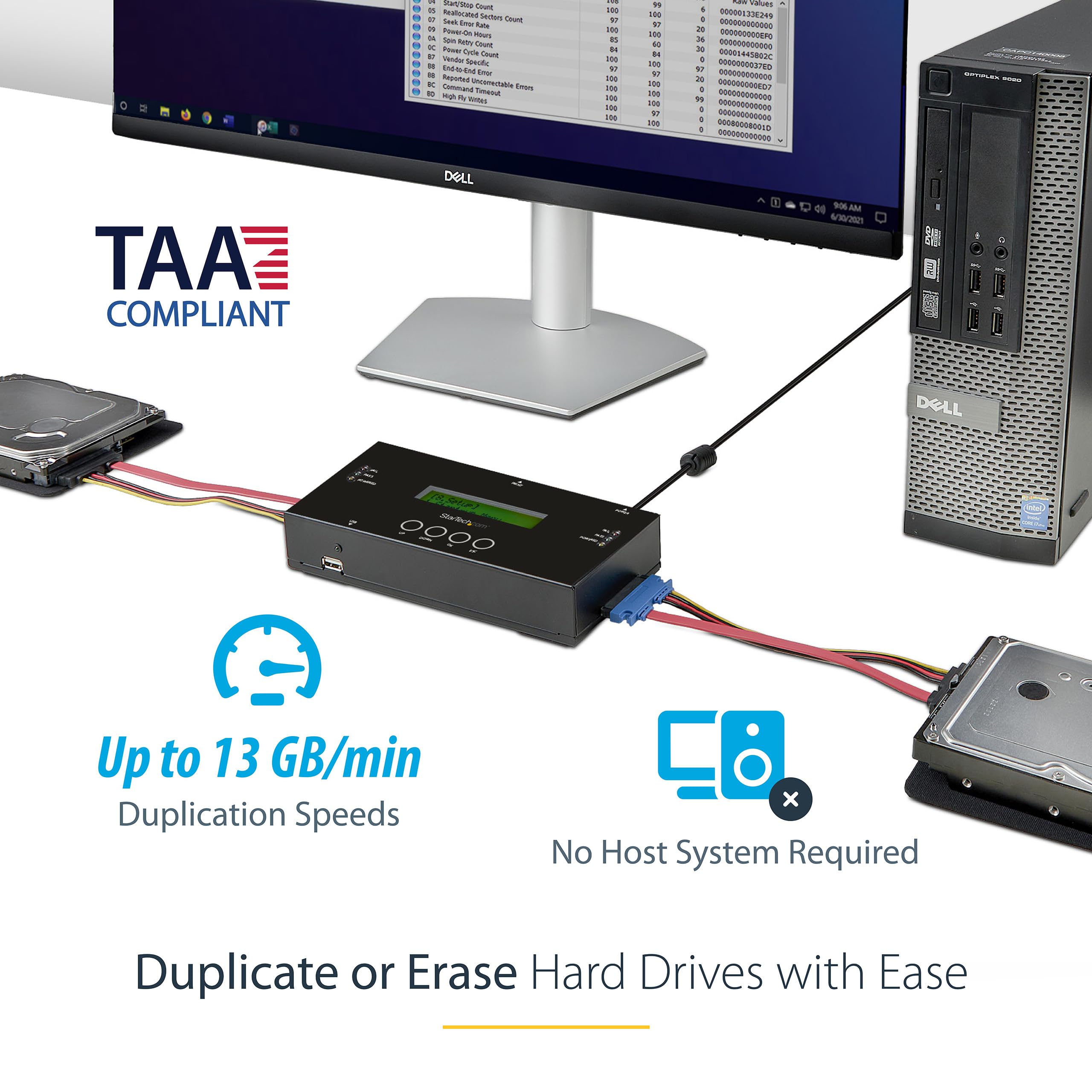 StarTech.com 1:1 Standalone Hard Drive Duplicator and Eraser, SAS/SATA HDD/SSD Cloner/Copier, Hard Drive Duplicator/Sanitizer, Harddisk/Harddrive Wiper, LCD, Toolless, TAA Compliant (SATSASDUPE11)