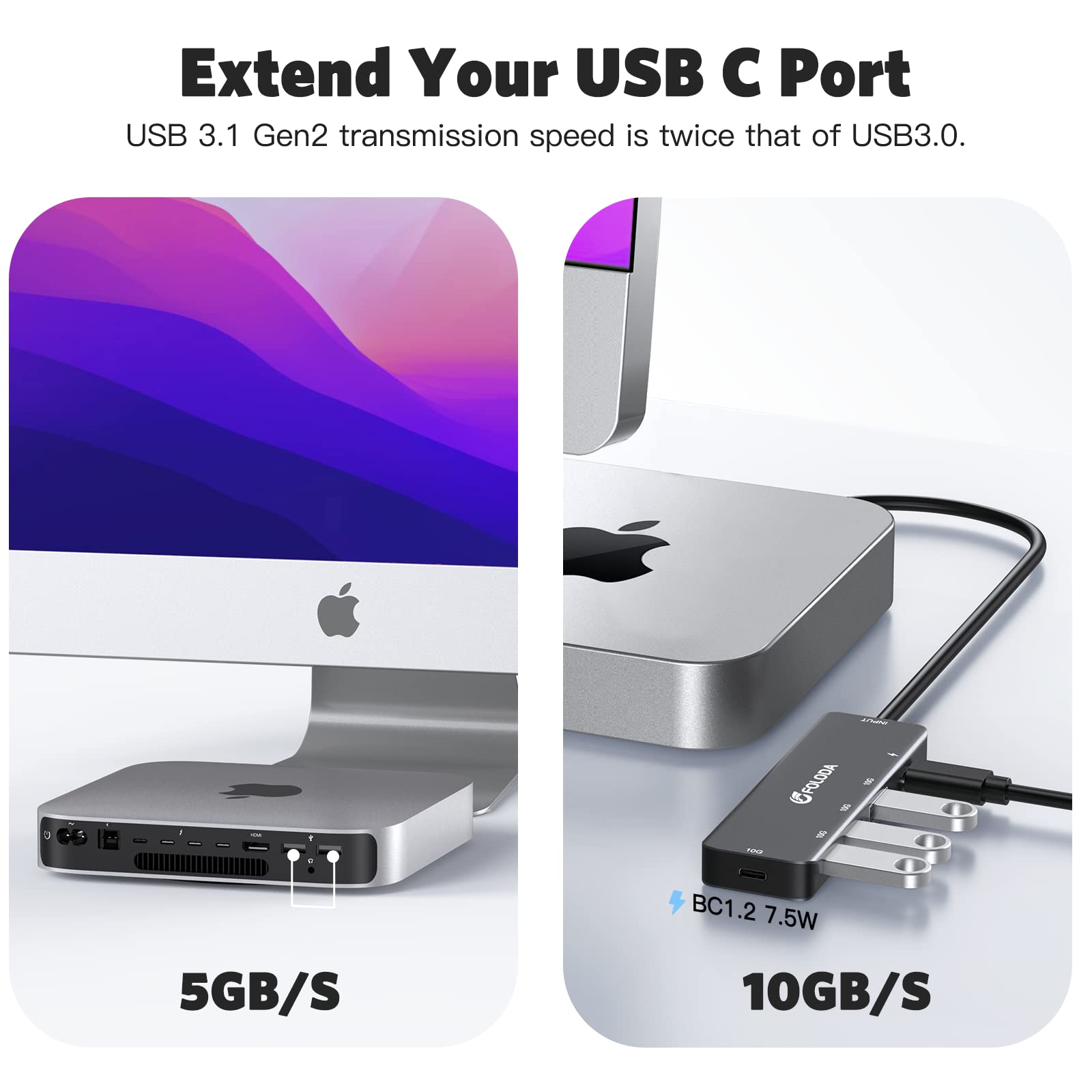 USB C Hub 3.1 Gen2 10Gbps Adapter, FOLODA 3.2 Gen2/USB 3.1 Gen2 USB C Hub with 3*Type-A, 1*Type C 10Gbps Ports (7.5W Charge) and 1*USB-C 100W Power Delivery, Super Speed Data Transfer Docking Station