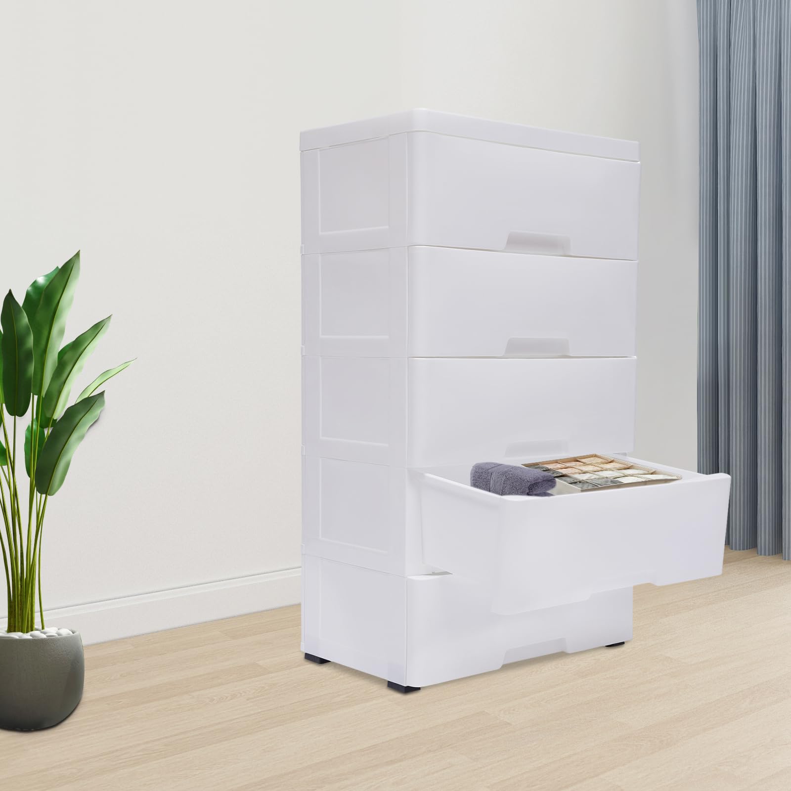 Fermoirper Storage Drawers 5 Drawer Storage Organizer 17.72 * 11.81 * 33.07in Plastic Drawers Stackable Clothes Drawer Plastic Dressers With Drawers Vertical Storage Tower(White)