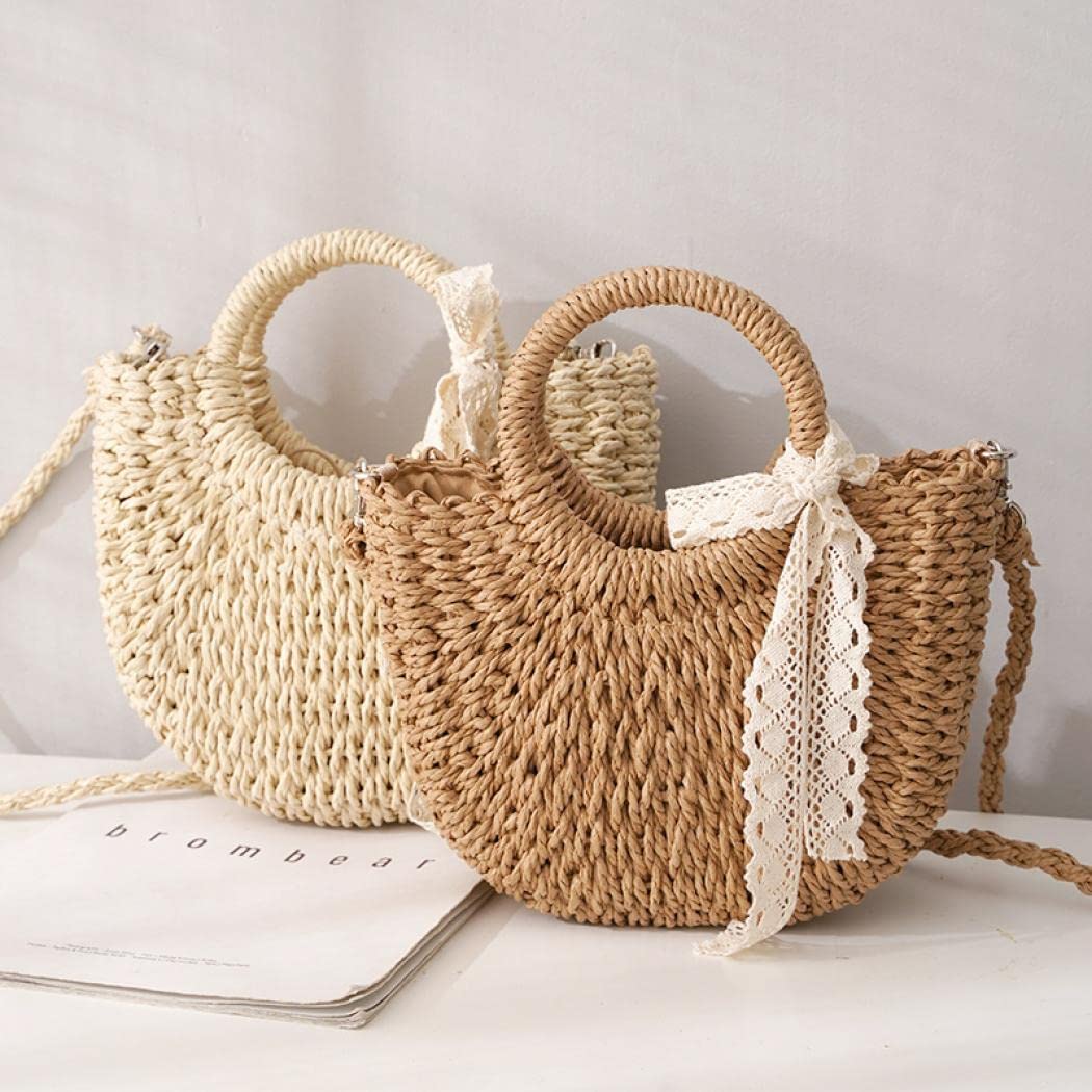 Handwoven Rattan Bag for Women Cross Body Bohemian Straw Shoulder Purse Beach Carrying Handbag (Black)