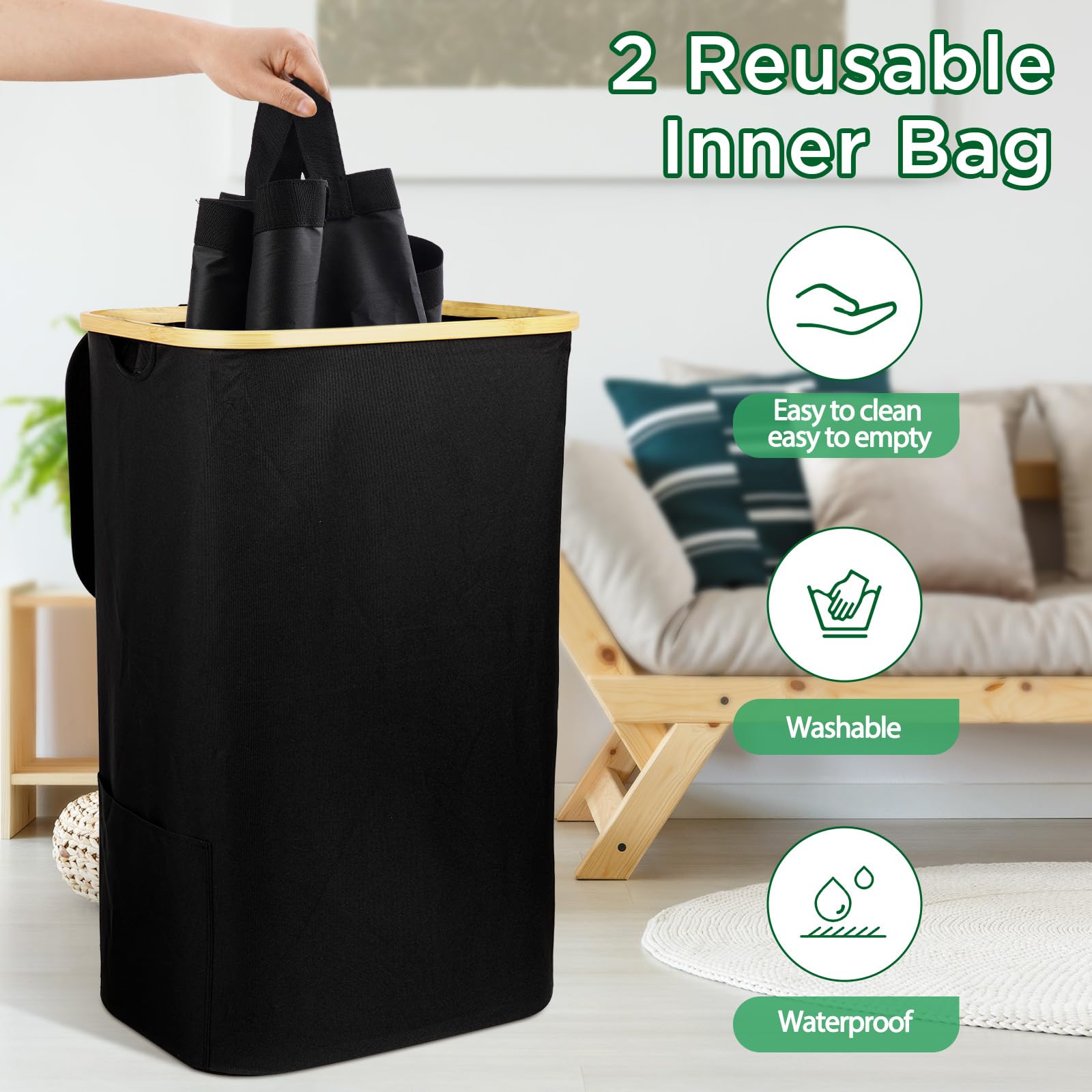 BEAUTIFABLE Recycling Bin for Kitchen, 26 Gallon Indoor Large Recycle Bin with Lid and 2 Removeable Reusable Inner Bag Collecting Bottle Can Waste Plastice (Black