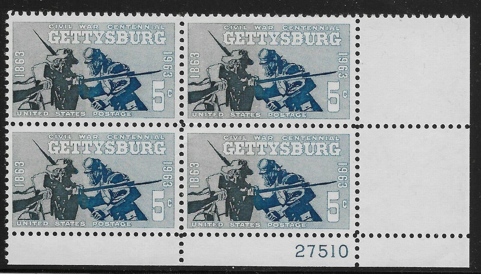 BATTLE OF GETTYSBURG / CIVIL WAR #1180 Plate Block of 4 x 5¢ US Postage Stamps