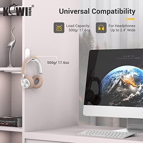 KIWIFOTOS 2 PackA dhesive Desk Headphone Hanger, PC Gaming Headset Holder Stand, Adhesive Holder Mount for Wall, Foldable Headphones Hook Mount Under Desk - White,Two Pack