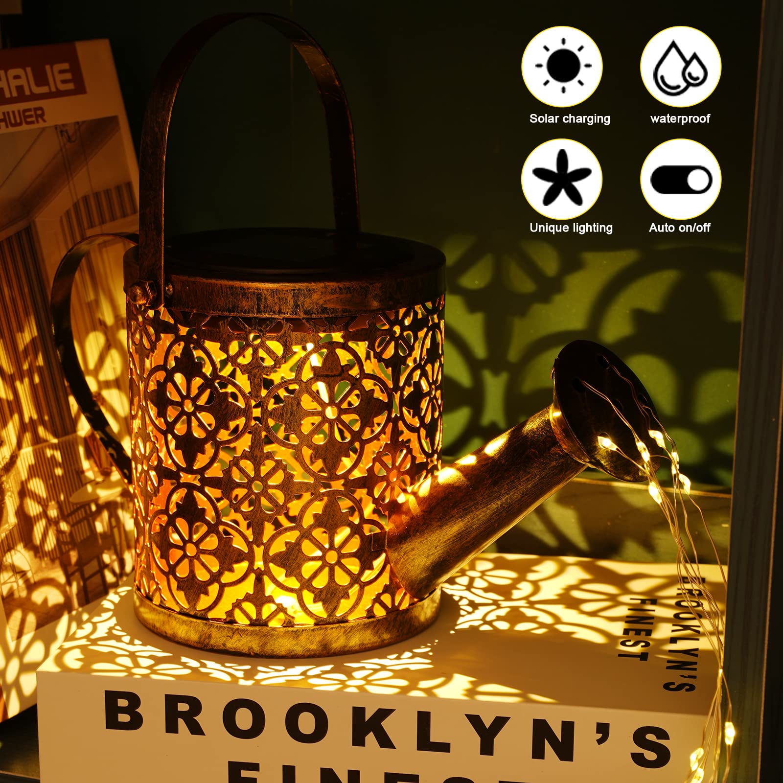 HCVINRK Solar Lights Outdoor Garden, Solar Watering Can Lights Outdoor Decorative, Metal Solar Lantern Outdoor Waterproof with Installed Light String and Shepherd Hook