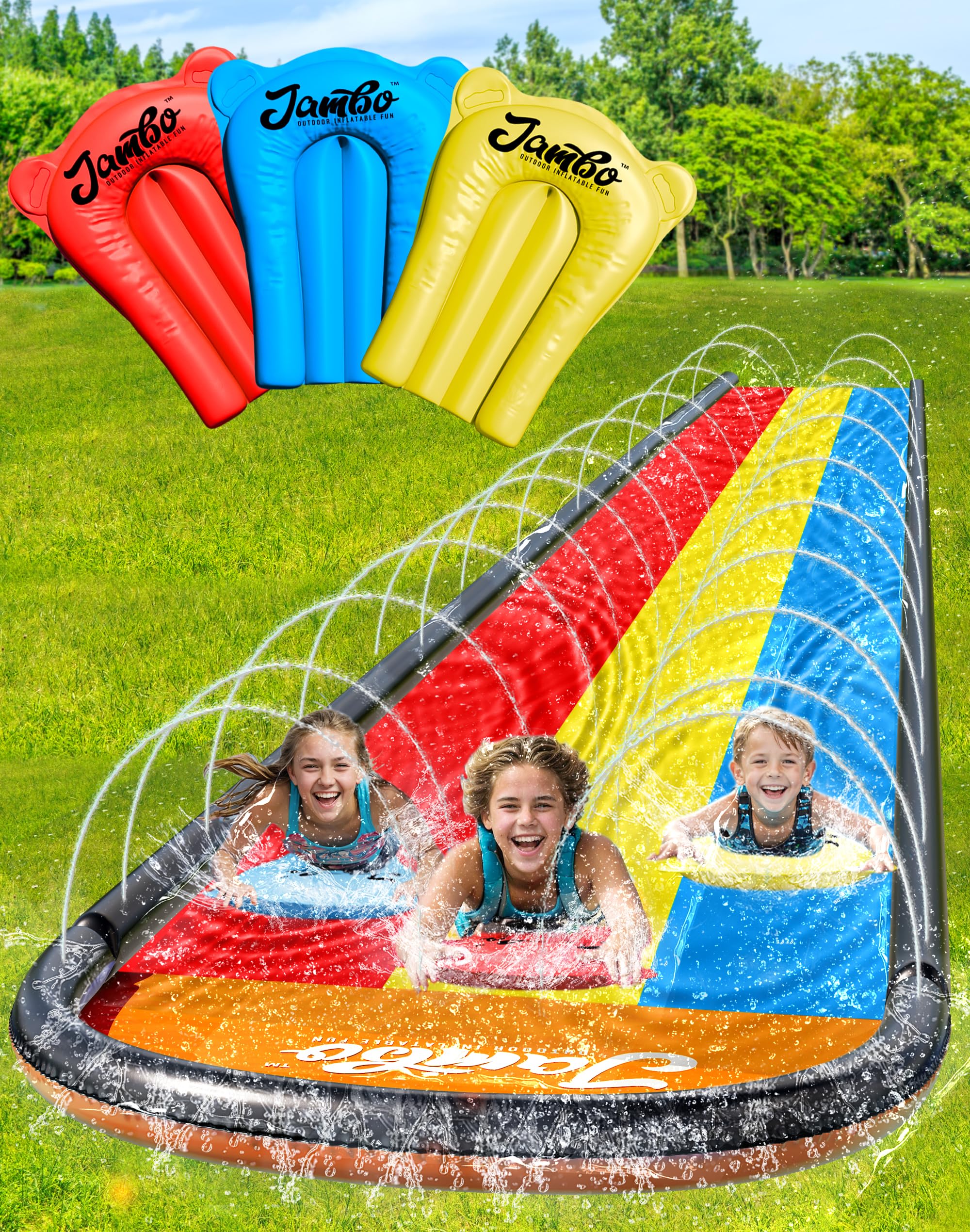 JAMBO 16Ft Premium 3 Lane Slip Splash and Slide with Bodyboards, Heavy Duty Water Slide- Advanced 3-Way Sprinkler System, Splash Mat Splash Pad Backyard Waterslide Outdoor Water Toys n Slides for Kids