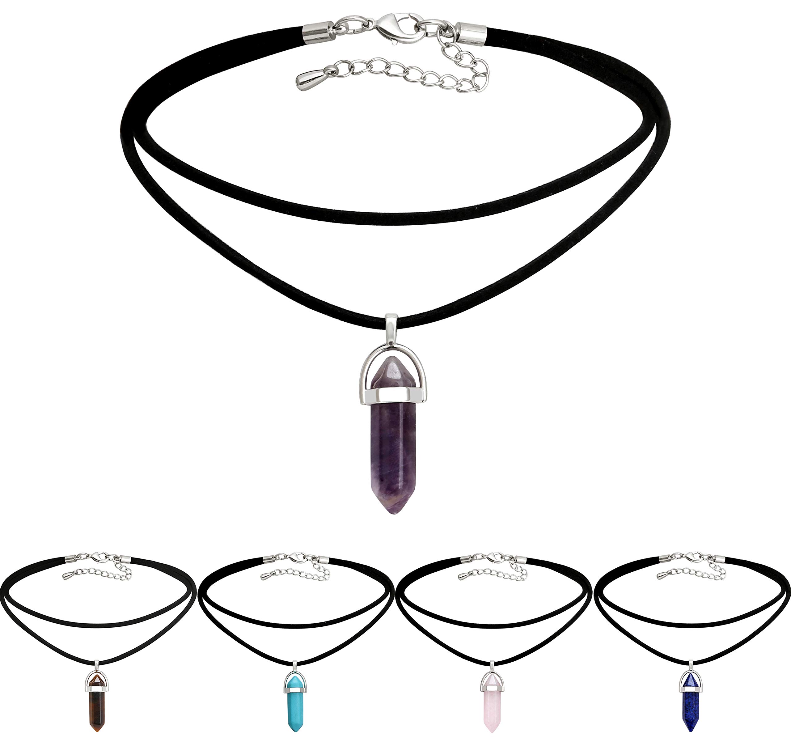 Aobei Pearl 5PCS Hexagonal Gemstone Pointed Reiki Chakra Pendant Necklace Genuine Leather Choker for Women 14''