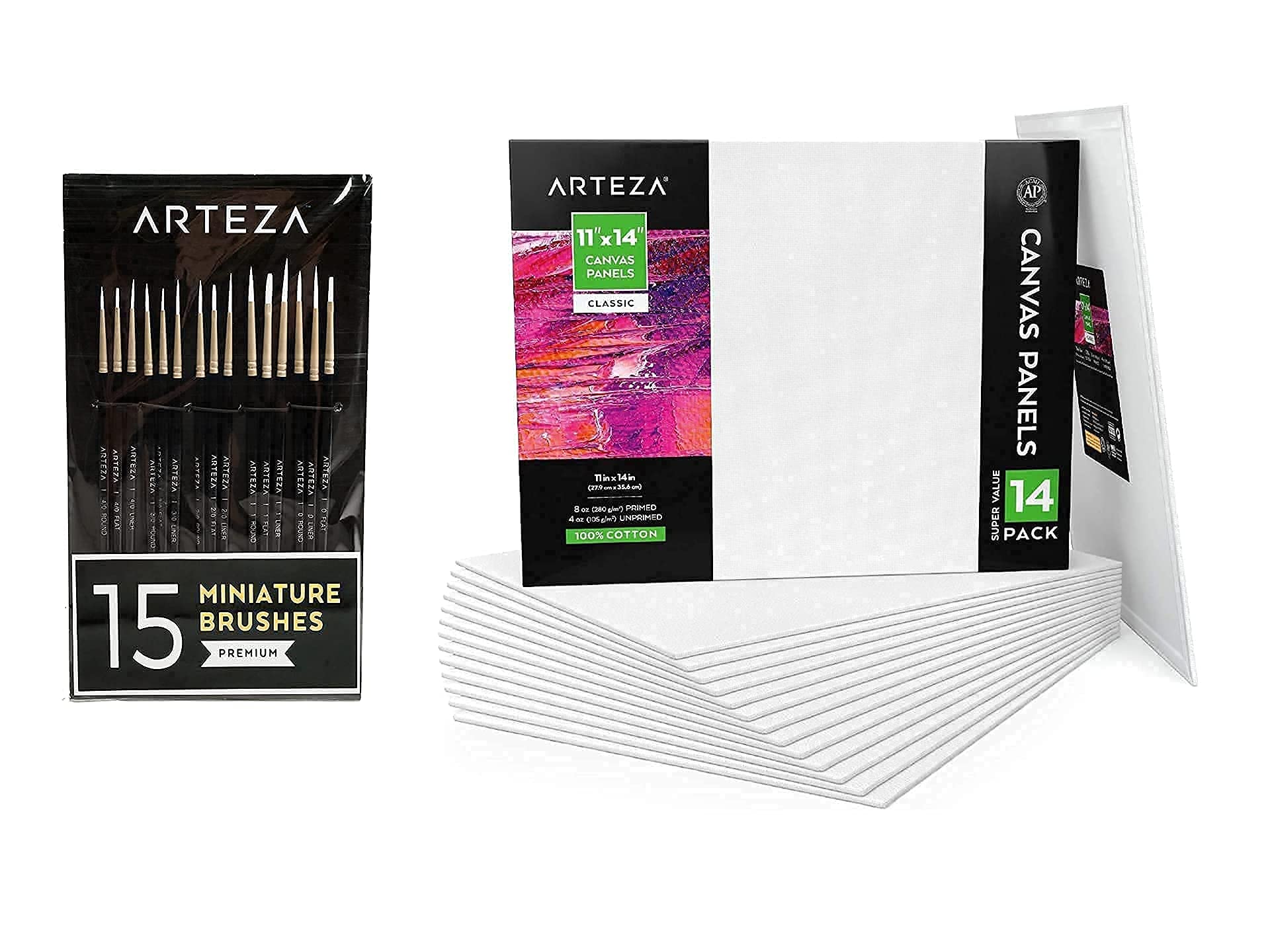 Arteza Detail Paint Brushes and Canvas Panel Boards Bundle, Painting Art Supplies for Artist, Hobby Painters & Beginners