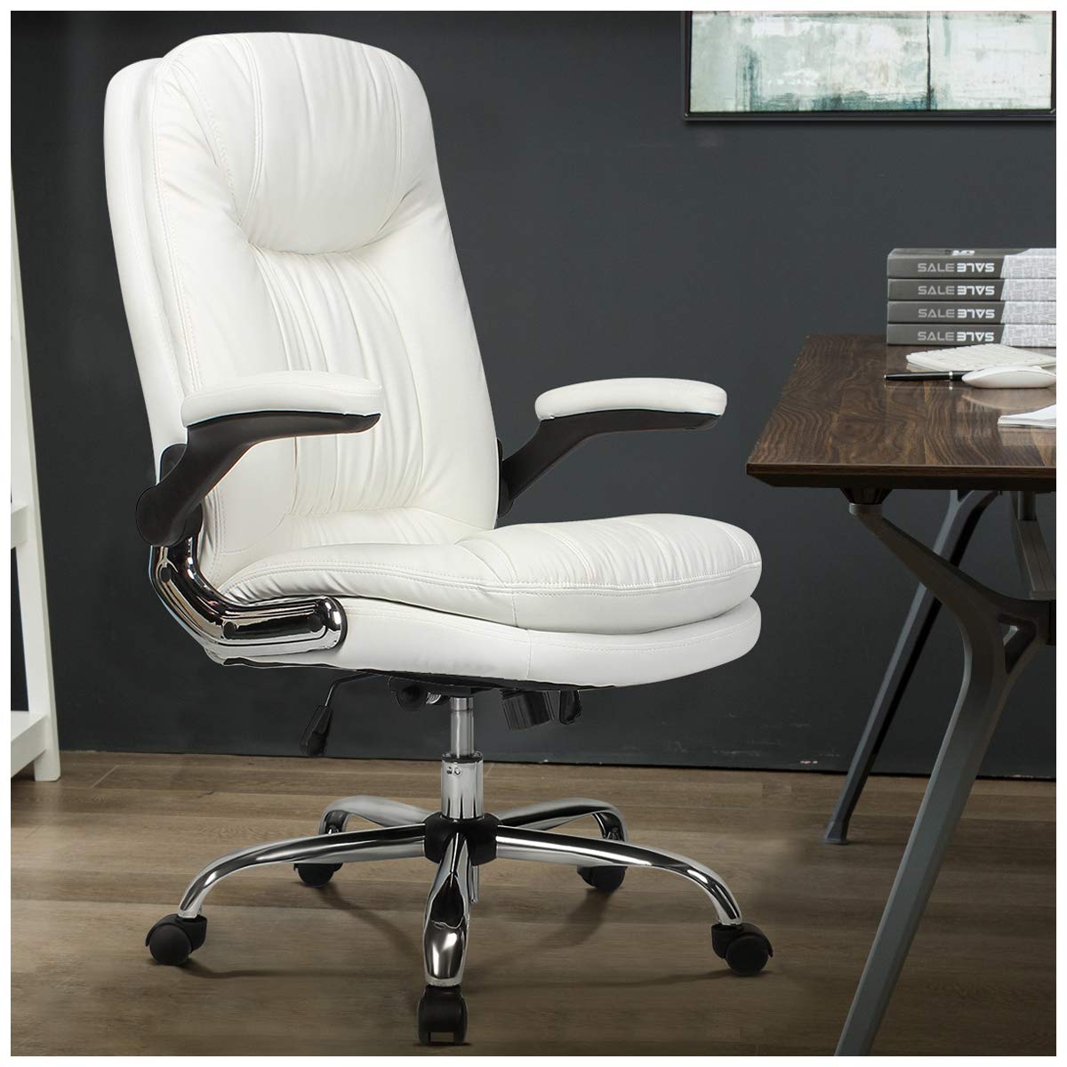B2C2B Ergonomic Office Chair High Back Desk Chair with Flip-Up Arms and Comfy Thick Cushion Leather Computer Chair White Big and Tall 350lb Weight Capacity