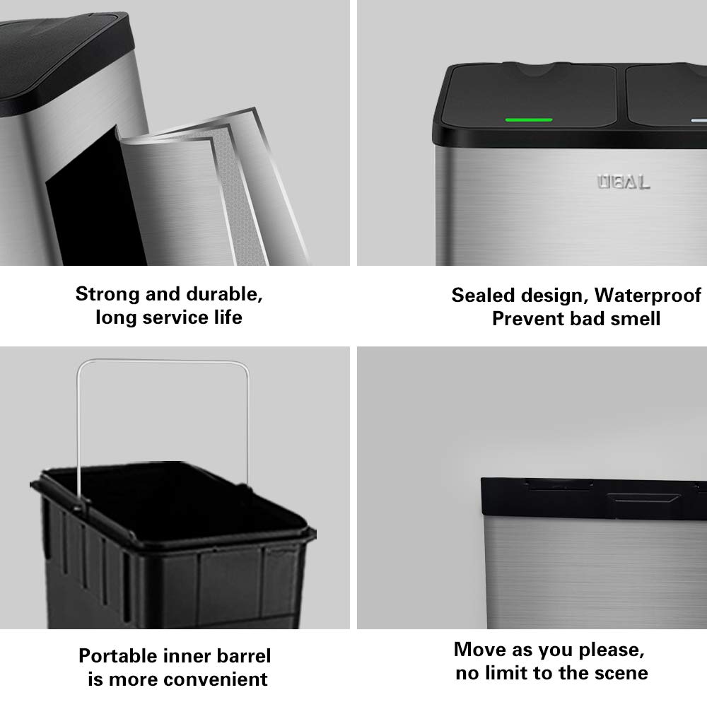 DBAL Trash Can Kitchen, 18 Liter Stainless Steel Trash Can 2 x 2.4 Gallon Soft Close Lid and Airtight Suit for Kitchen Office Home Use
