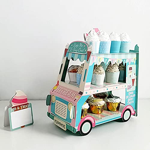 BalsaCircle 16-Inch Blue with Pink 3 Tier Cardboard Ice Cream Truck Cupcake Dessert Stand Wedding Party Events Decorations Supplies