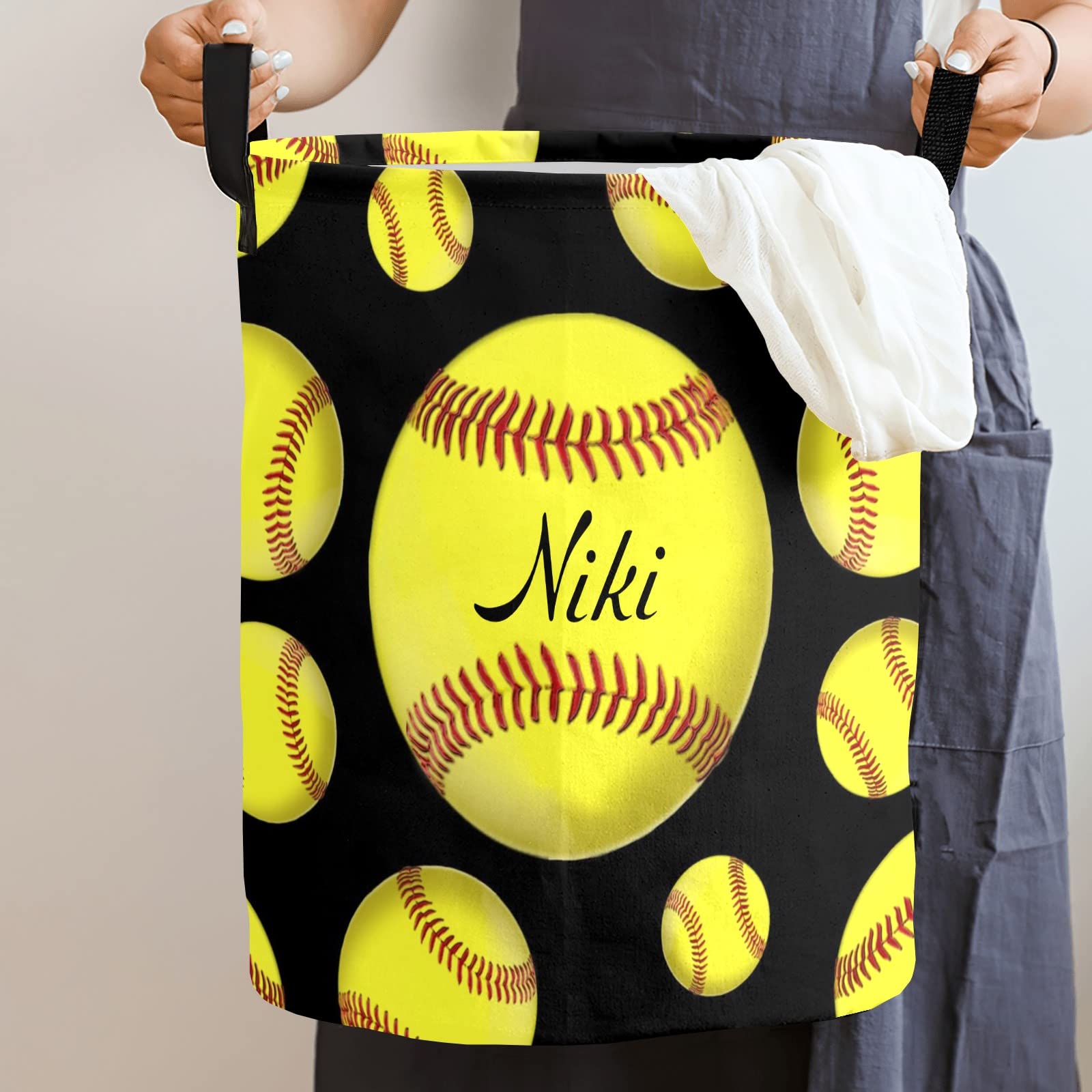 BigBigift Softball Pattern Round Laundry Basket Personalized with Name Waterproof Canvas Clothes Basket Laundry Hamper with Handles for Kids Room Bedroom Gift Baskets