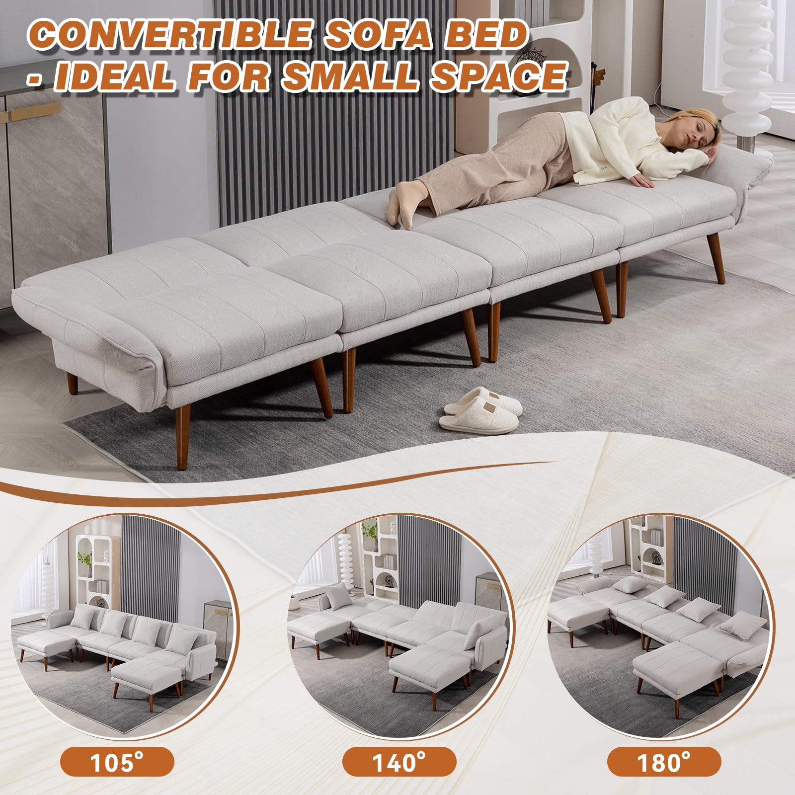 Suvivityse 113.4'' Sectional Couches Convertible Sofa Bed Sleeper Futon Couch 2-in-1 Comfy Deep Seat Sofa Cama Modular L-Shaped Modern for Living Room Bedroom Office