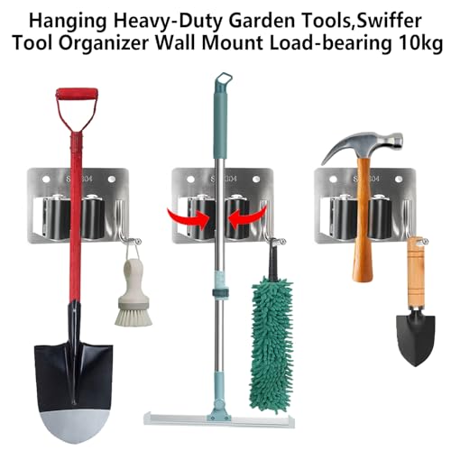 HAOYOWJY Mop and Broom Holder Wall Mount Stainless Steel 304 Tool Garage Organization Rack Screw and Self Adhesive Broom Hanger Heavy Duty 4pcs (4pcs,sliver)