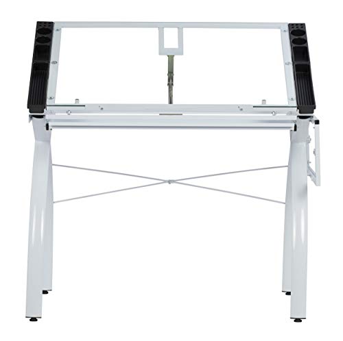 SD Studio Designs 10096 Futura Station with Folding Shelf Top Adjustable Drafting Craft Drawing Hobby Table Writing Studio Desk with Drawer, 35.5'' W x 23.75'' D, White/Clear Glass