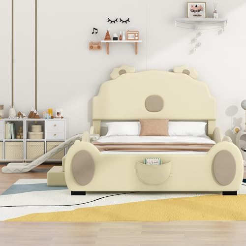 BOVZA Kids Cute Full Size Upholstered Platform Bed Frame with Children's Slide and Piglet Shape Headboard, Wooden Slats Support, No Box Spring Needed, Beige