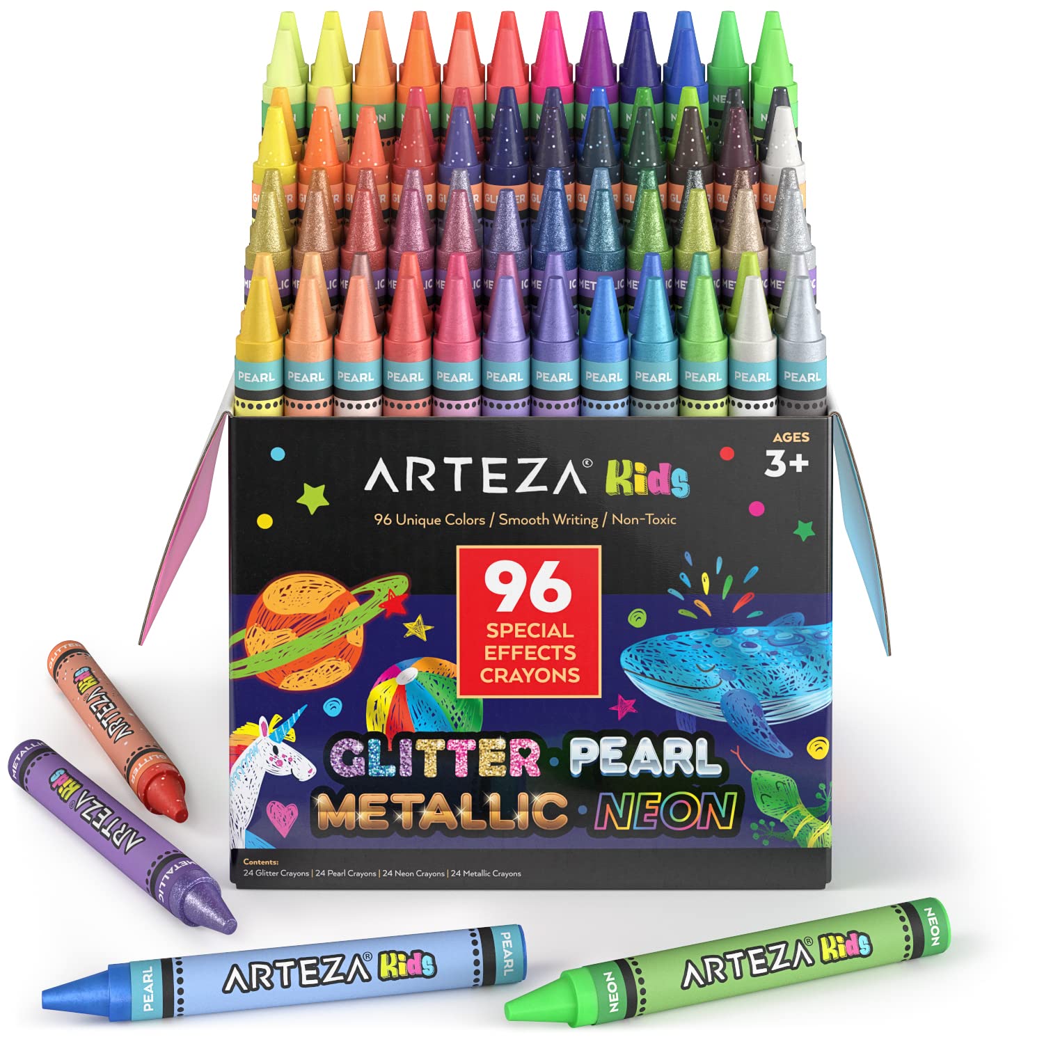 ARTEZA Kids Crayons, Set of 96, Regular Size Metallic, Neon, Pearl, and Glitter Crayons for Kids Ages 4-8