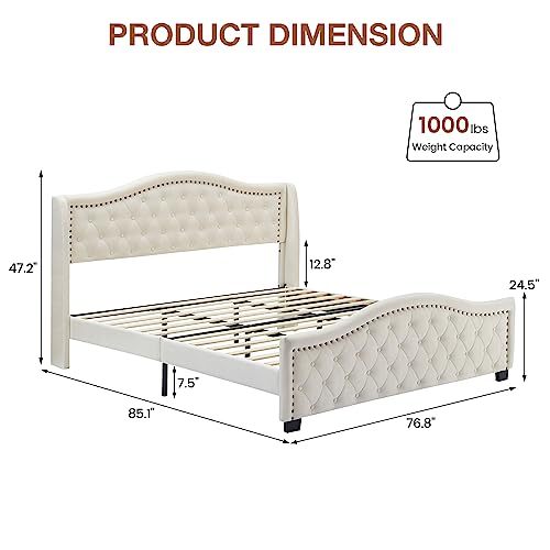 GAOMON King Size Upholstered Platform Bed Frame with Tall Headboard, Luxurious Velvet Button Tufted and Nailhead Trim Wingback, Arched Footboard, No Box Spring Needed, Beige