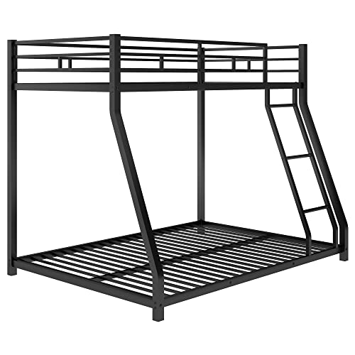 BOVZA Metal Twin Over Full Bunk Beds, Floor Bunk Bed Frame with Ladder and Safety Guard Rail for Kids Teens Adults, Black