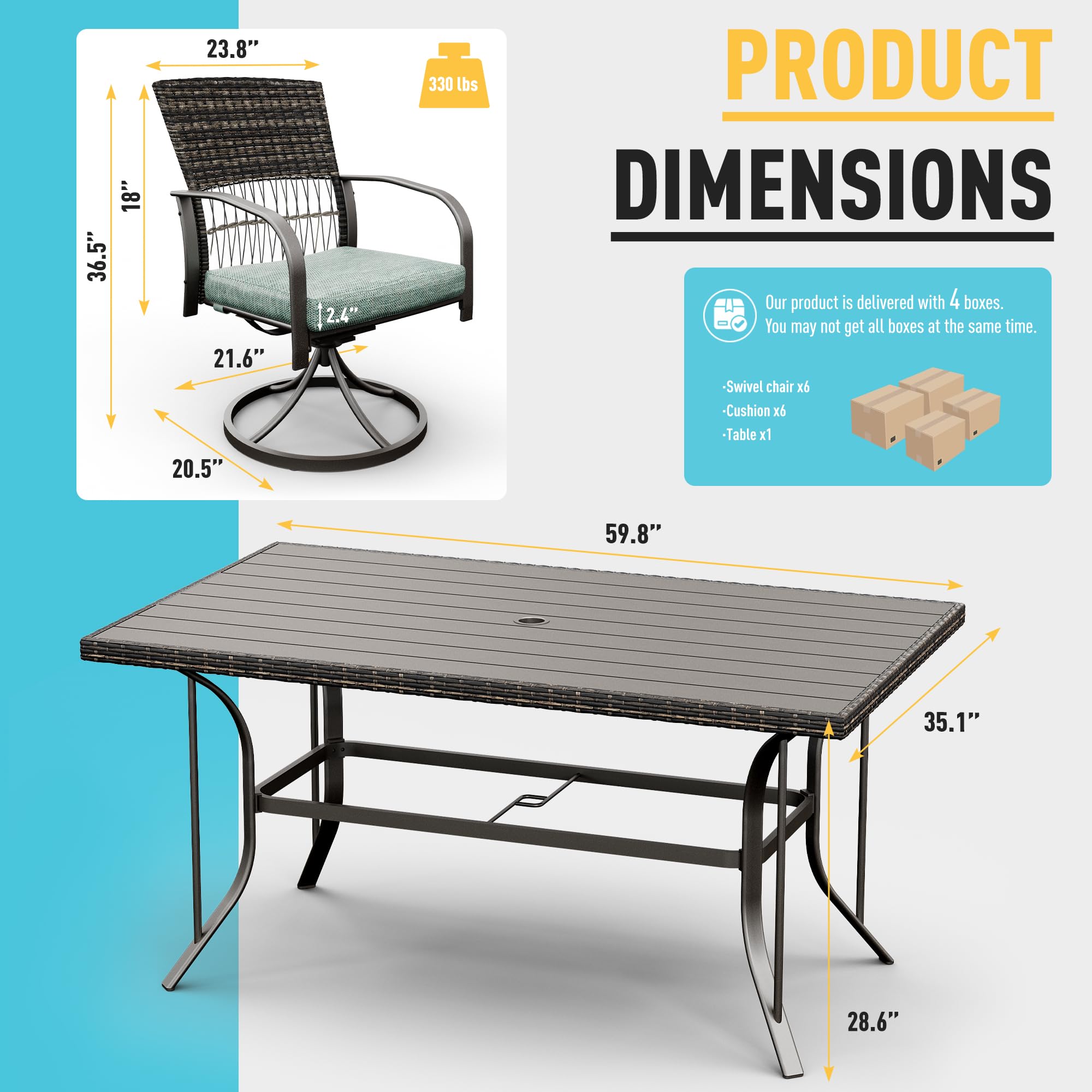 Pamapic 7 Piece Patio Dining Set for 6,Wicker Outdoor Furniture Set for Backyard Garden Deck Poolside with Iron Slats Table Top,6 Cushions Swivel Rocker Chairs,Removable Cushions(Green)