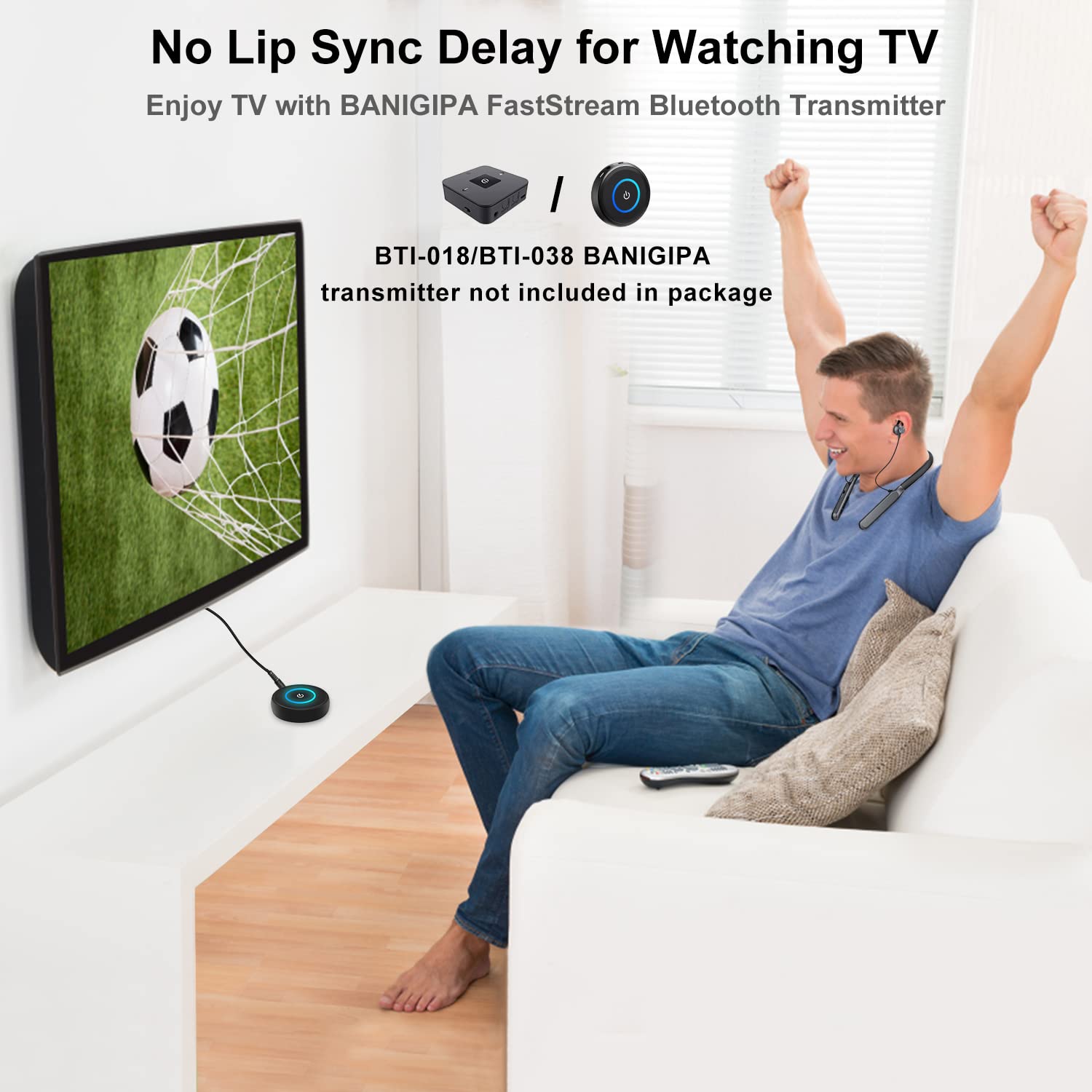 BANIGIPA Bluetooth Headphones for TV Watching w/FastStream 40ms Low Latency, 16 Hrs Playtime Wireless Earbuds Earphones with Mic, Light & Comfortable, Compatible w/Bluetooth Transmitter Cell Phones