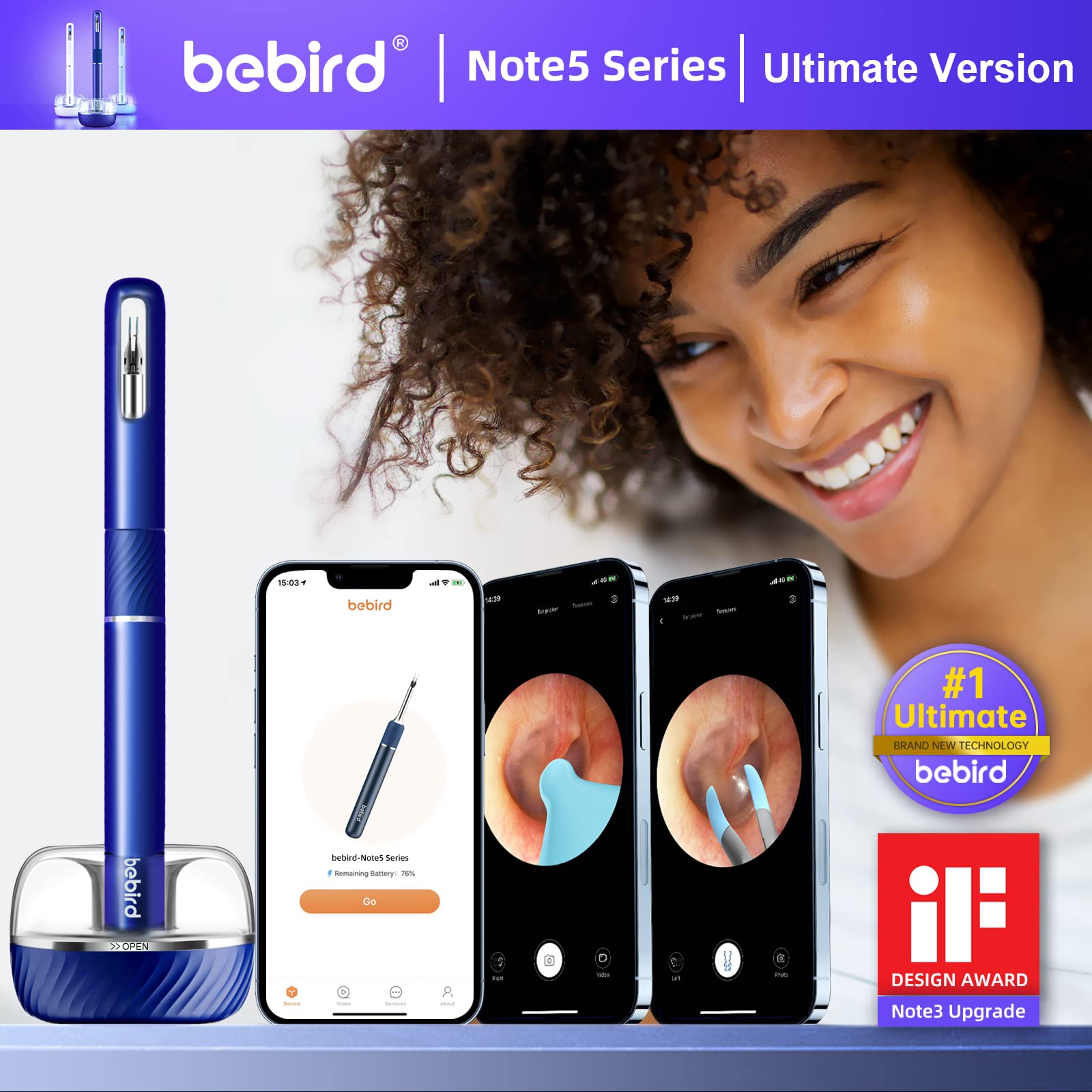 Bebird Note5 Pro,Flagship Models,10 Megapixel HD,3-in-1,Ear Wax Removal Tool Camera,Tweezers and Rod,25 Pcs,Ear Cleaner with Camera,Bebird Ear Cleaner,Ear Wax Removal,Otoscope [Starry Blue]