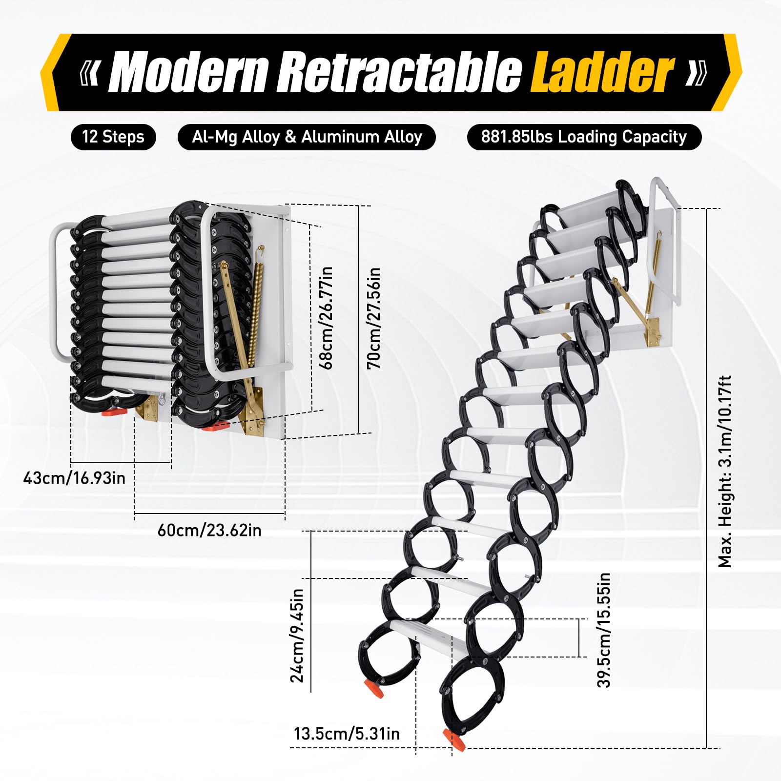 Attic Ladder Pull Down 11 Steps Attic Stairs Alloy Attic Access Ladder 9 ft Height Wall-Mounted Folding Loft Stairs with Armrests for Attic