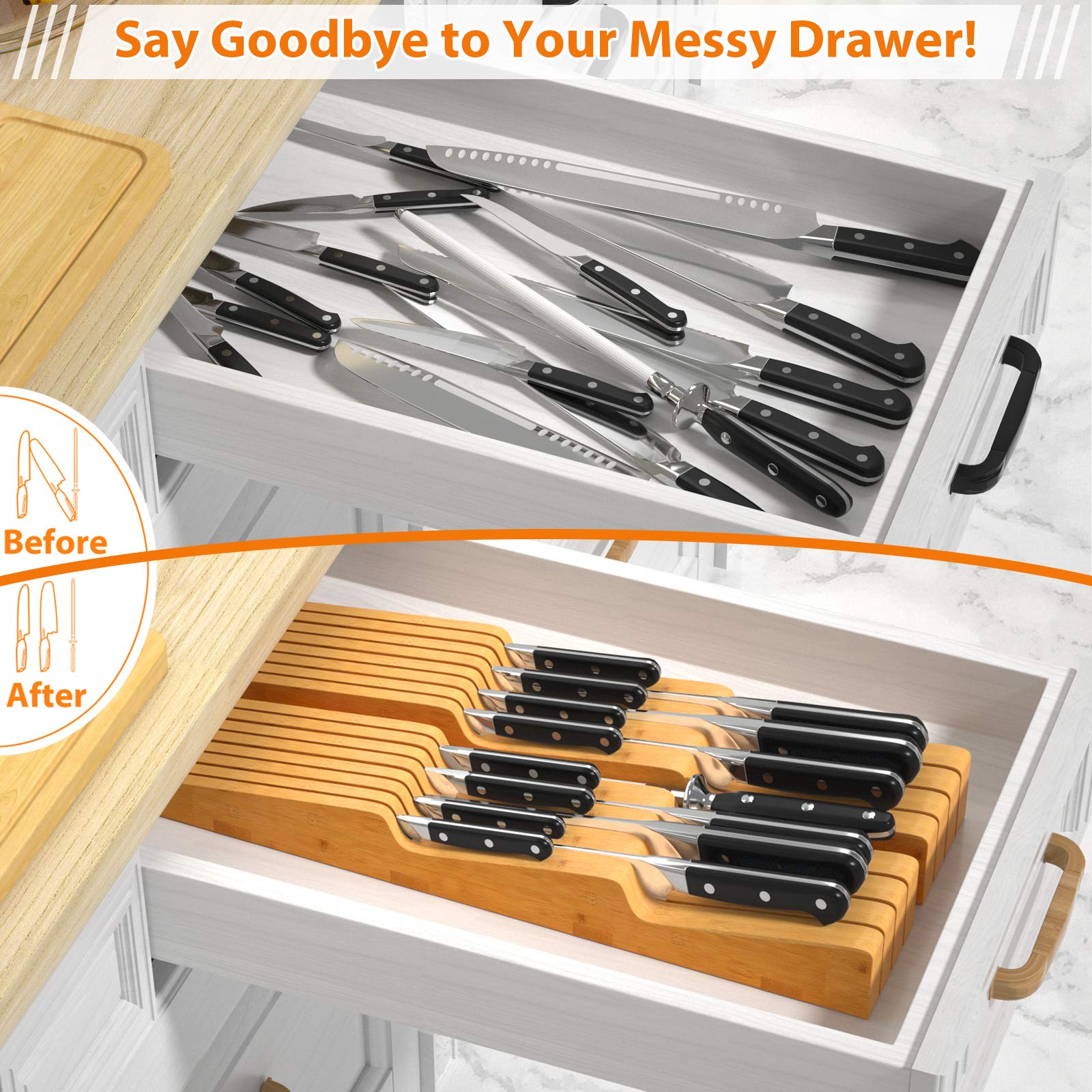 Bamboo Knife Block Drawer Organizer Insert In Drawer Knife Holder Storage for Kitchen Hold 14 Knives (Not Included) by FURNINXS