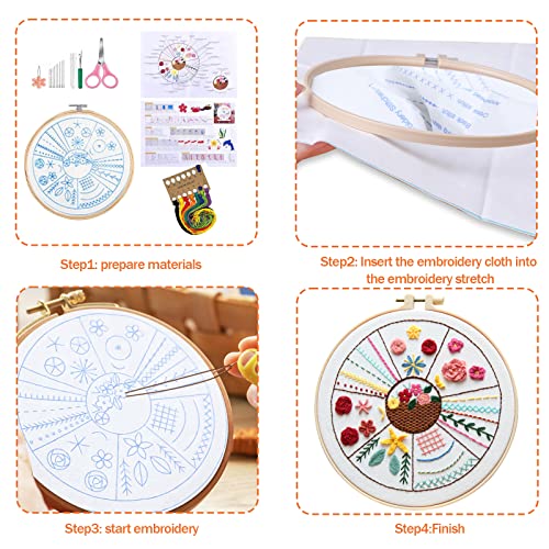 FOXTSPORT 4 Set Embroidery Starter Kit for Beginners,Stamped Embroidery Kits with Pattern and Instructions,Hand Embroidery Starter Kit Embroidery Hoops and Color Threads (Underwater World)