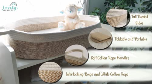 Lovely Nursery Baby Changing Basket Moses Basket 100% Cotton Rope and 1.2€ Thick Foam Pad with Removable Cover Change in Style and Comfort Beige/White Set