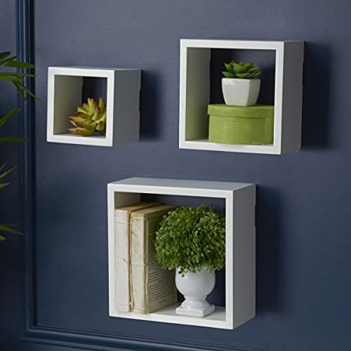 Melannco Floating Square Cube Shelves, for Bedroom, Living Room, Bathroom, Kitchen, Nursery, Set of 3, White, 3 Count
