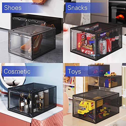 iBune 12 Pack Drop Front Shoe Storage Boxes, Clear Plastic Shoe Organizer for Closet, Easy Assembly, Stackable Foldable Shoe Containers for Display Sneakers Boots, Fit US Size up to 12, Black